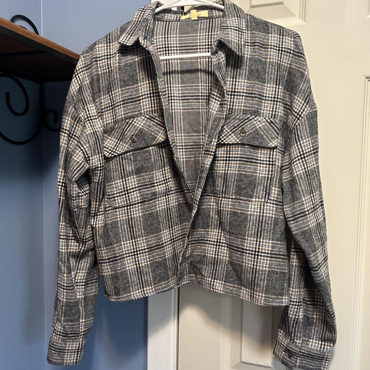 Gray, Blue, Gold & White Cropped Flannel | Depop