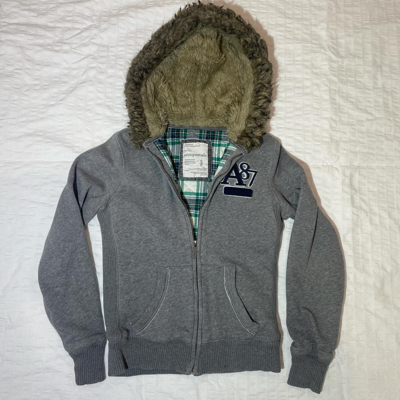 Vintage Grey Aeropostale zip-up hoodie with faux fur... | Depop