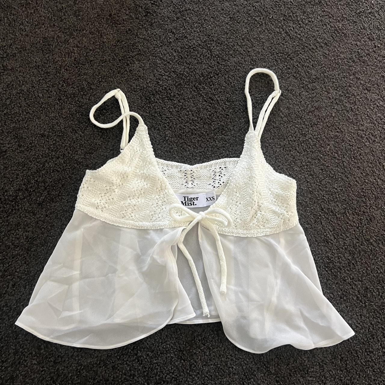 super cute tie up tiger mist top. white crochet and... - Depop