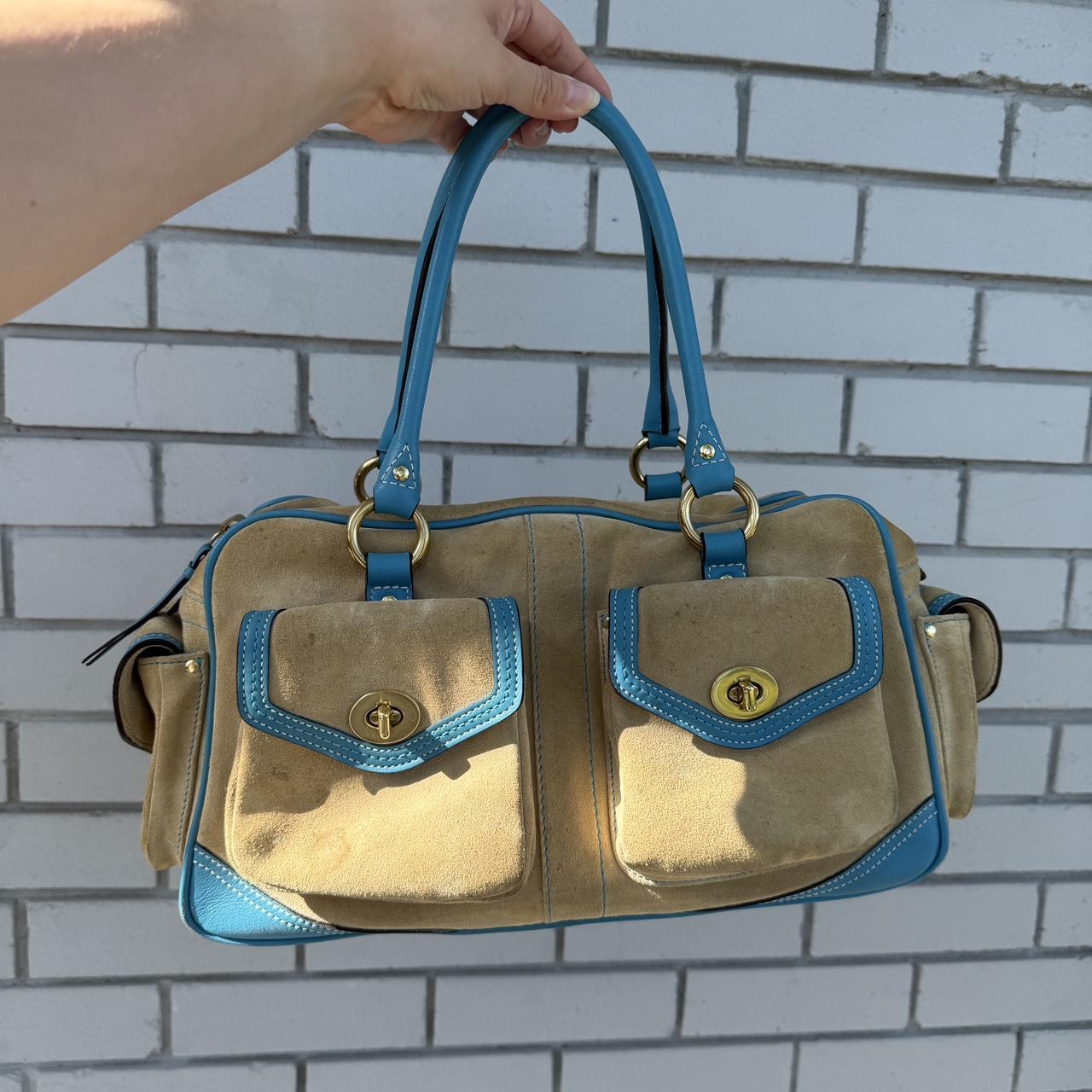 Vintage Coach Large Satchel. Cream suede. Blue... | Depop