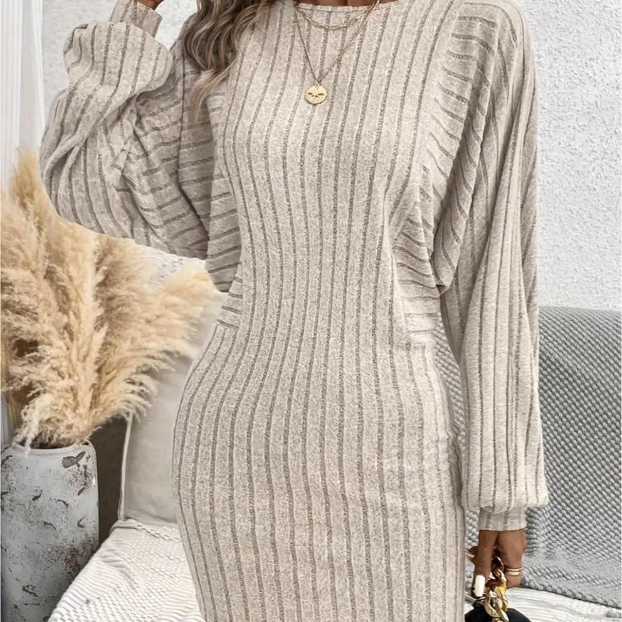 Beige Balloon sleeve ribbed bodycon dress size uk 8... - Depop