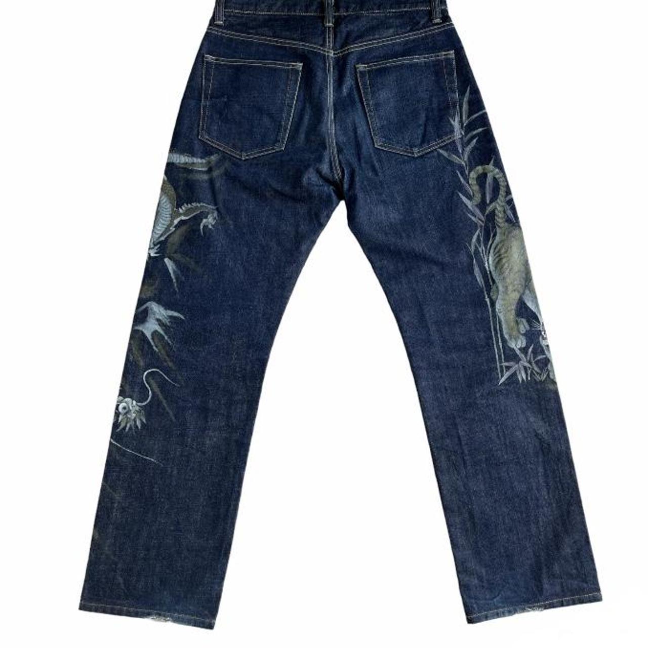 vintage japanese hand painted denim jeans 🐉 waist... | Depop