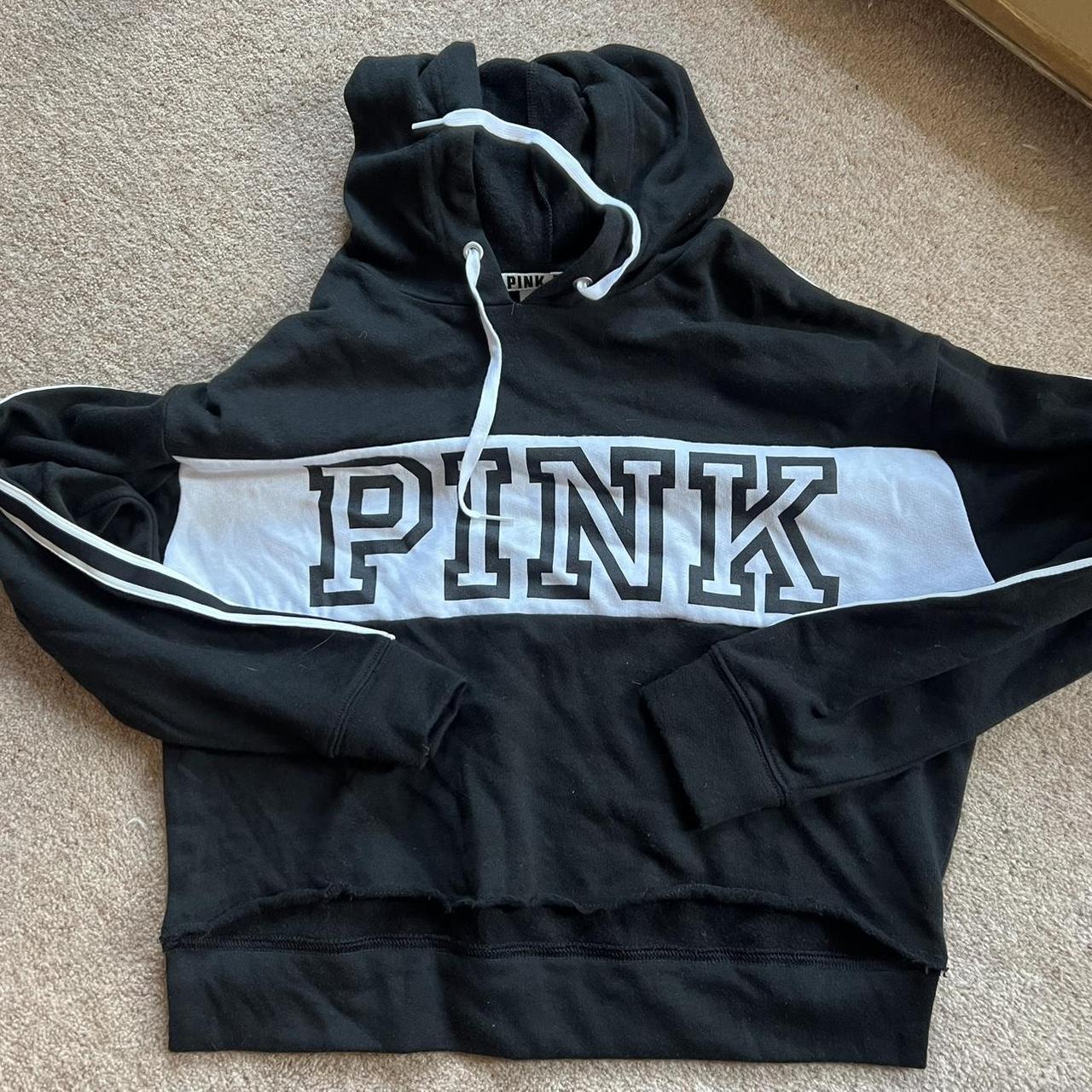 Victoria’s Secret pink hoodie in black and white -... - Depop