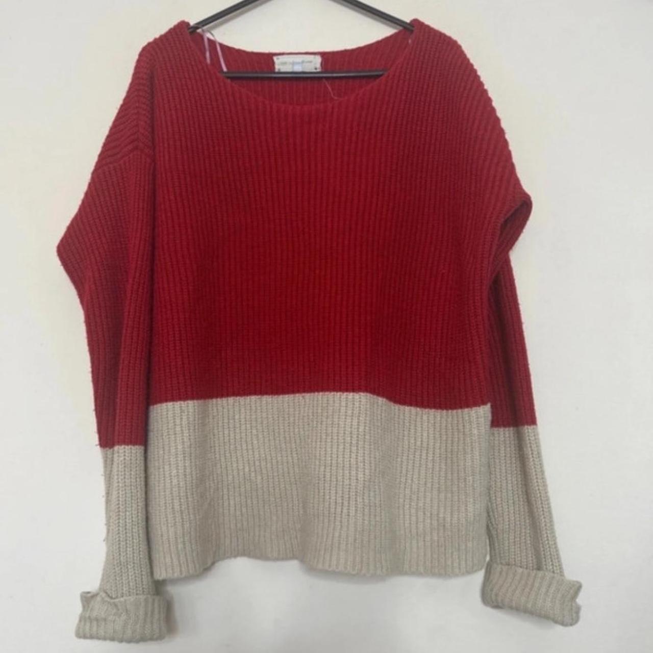 Red and cream colour block sweater with a relaxed... - Depop