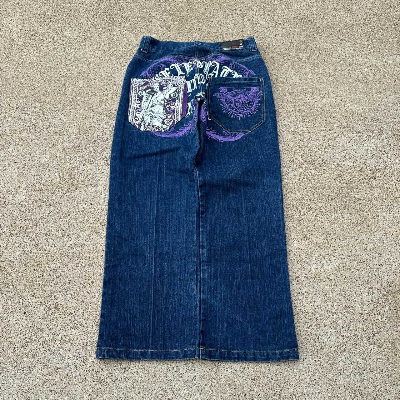 CYBER Y2K PUNK RAW BLUE ALL OVER PRINT JEANS CRAZY... - Depop