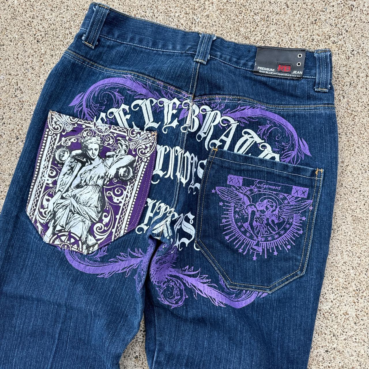 CYBER Y2K PUNK RAW BLUE ALL OVER PRINT JEANS CRAZY... - Depop