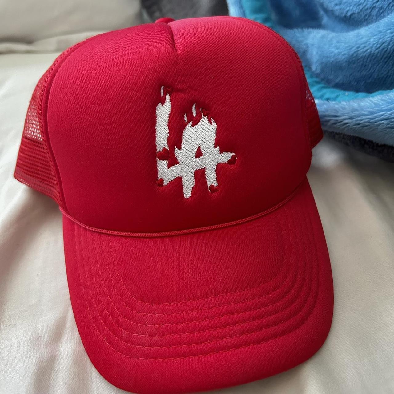 los angeles red trucker hat with hearts! brand new... - Depop