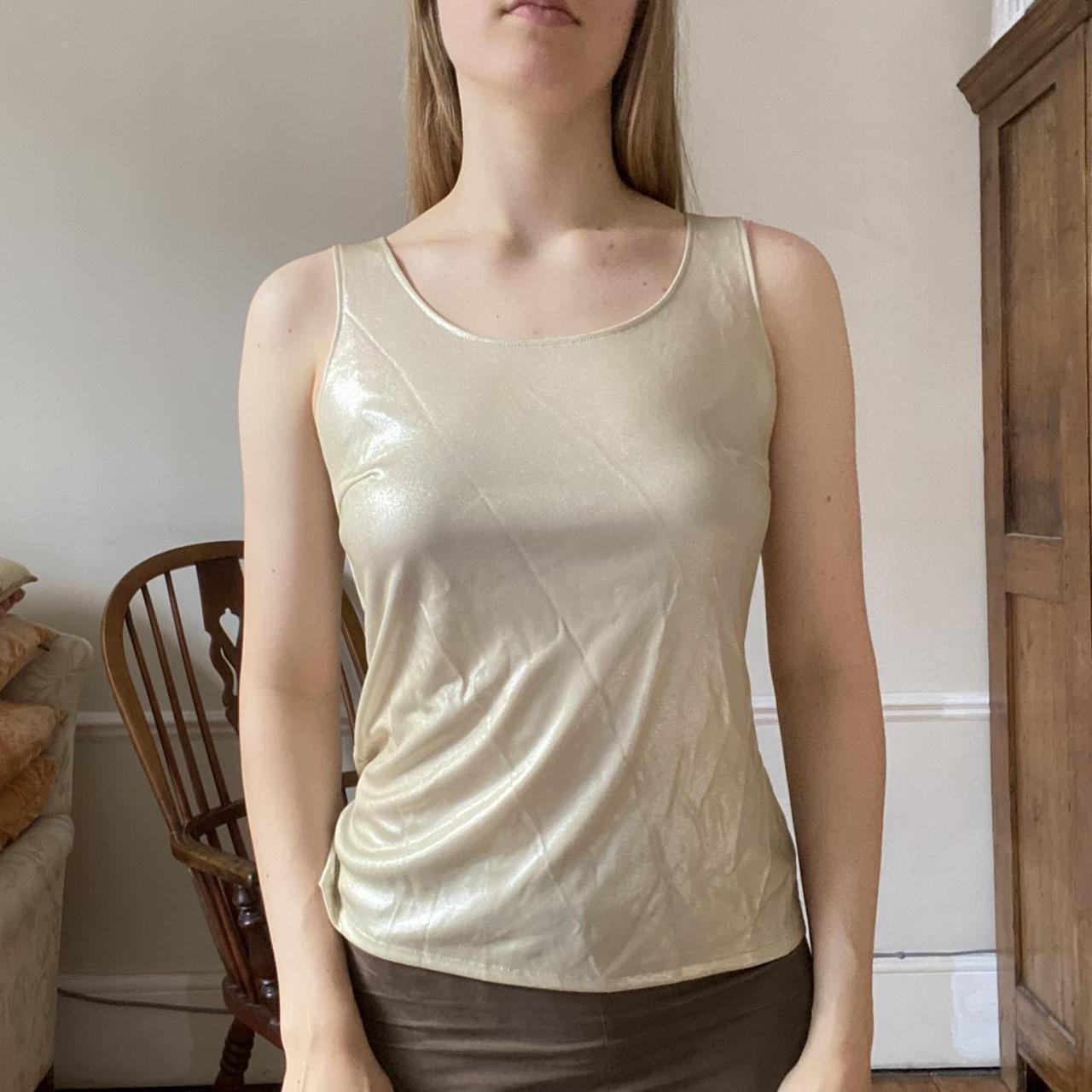 Gold wet look iridescent tank top Metallic gold... - Depop