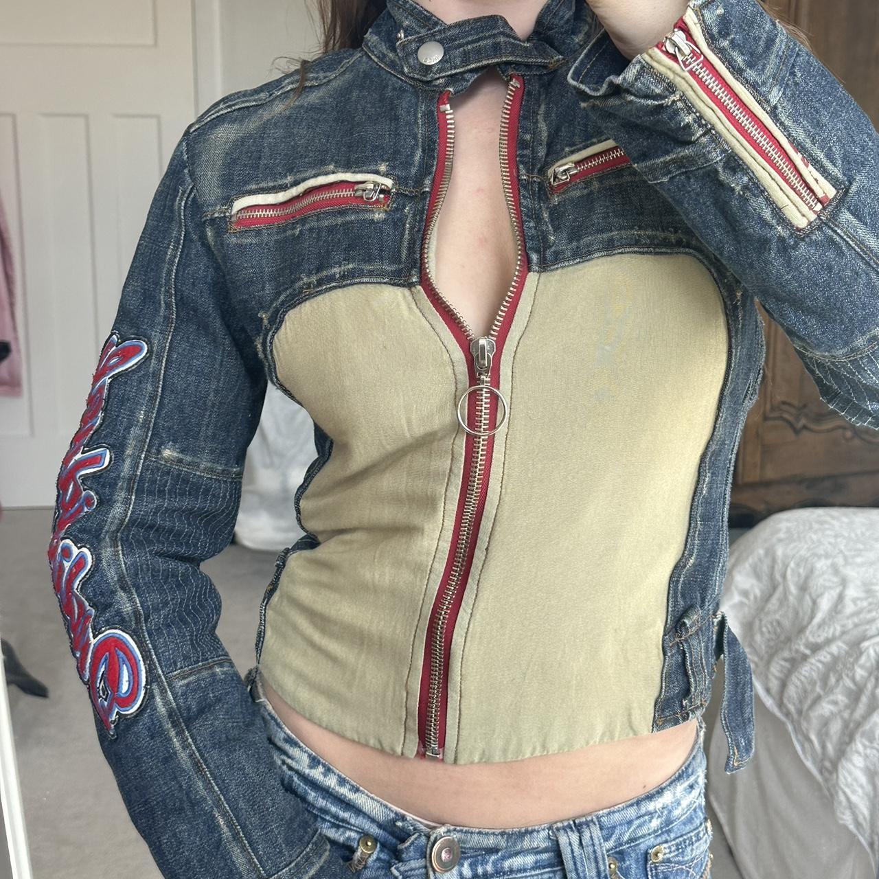 Gorgeous 2000’s denim moto jacket with panel... - Depop