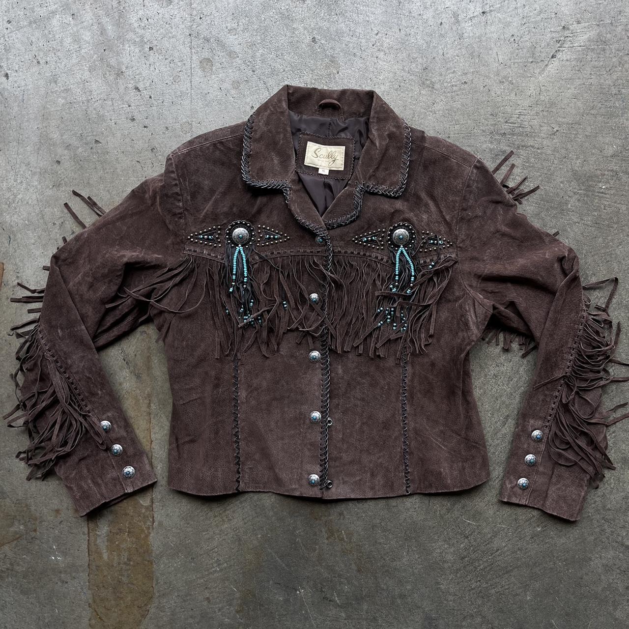 Scully Brown suede jacket with fringe and beading,... - Depop