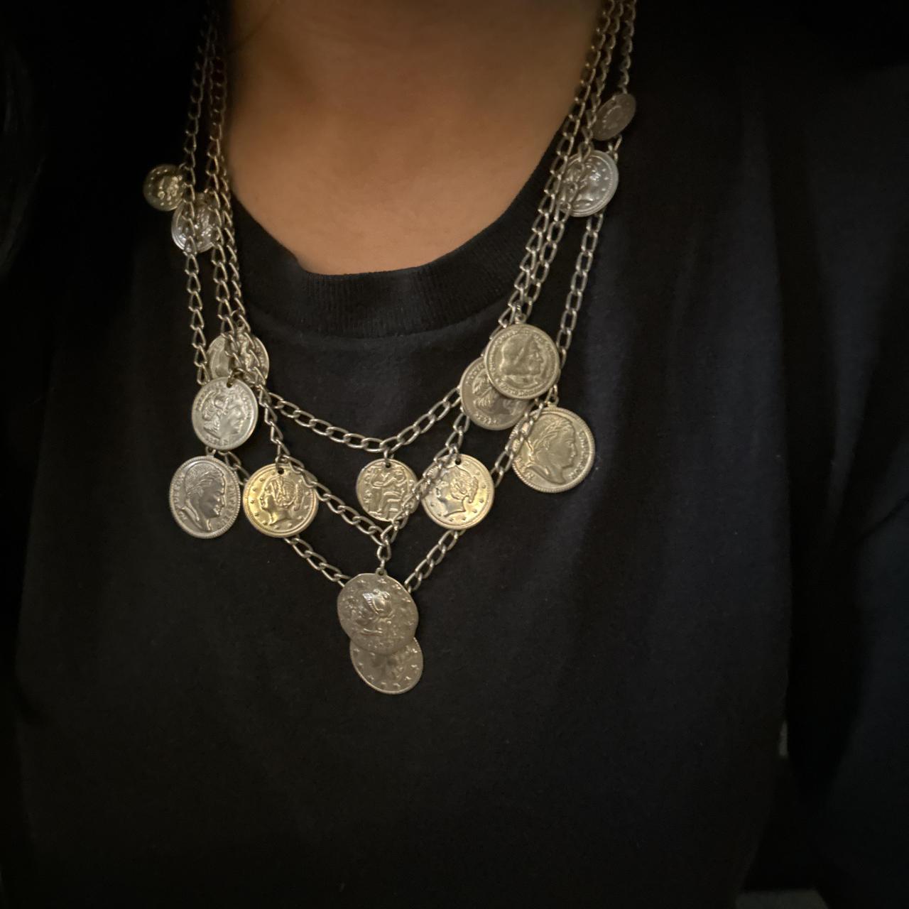 layered silver chain coin necklace - Depop