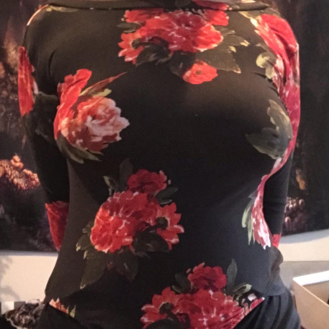 Floral red and black open back body suit Size:... - Depop
