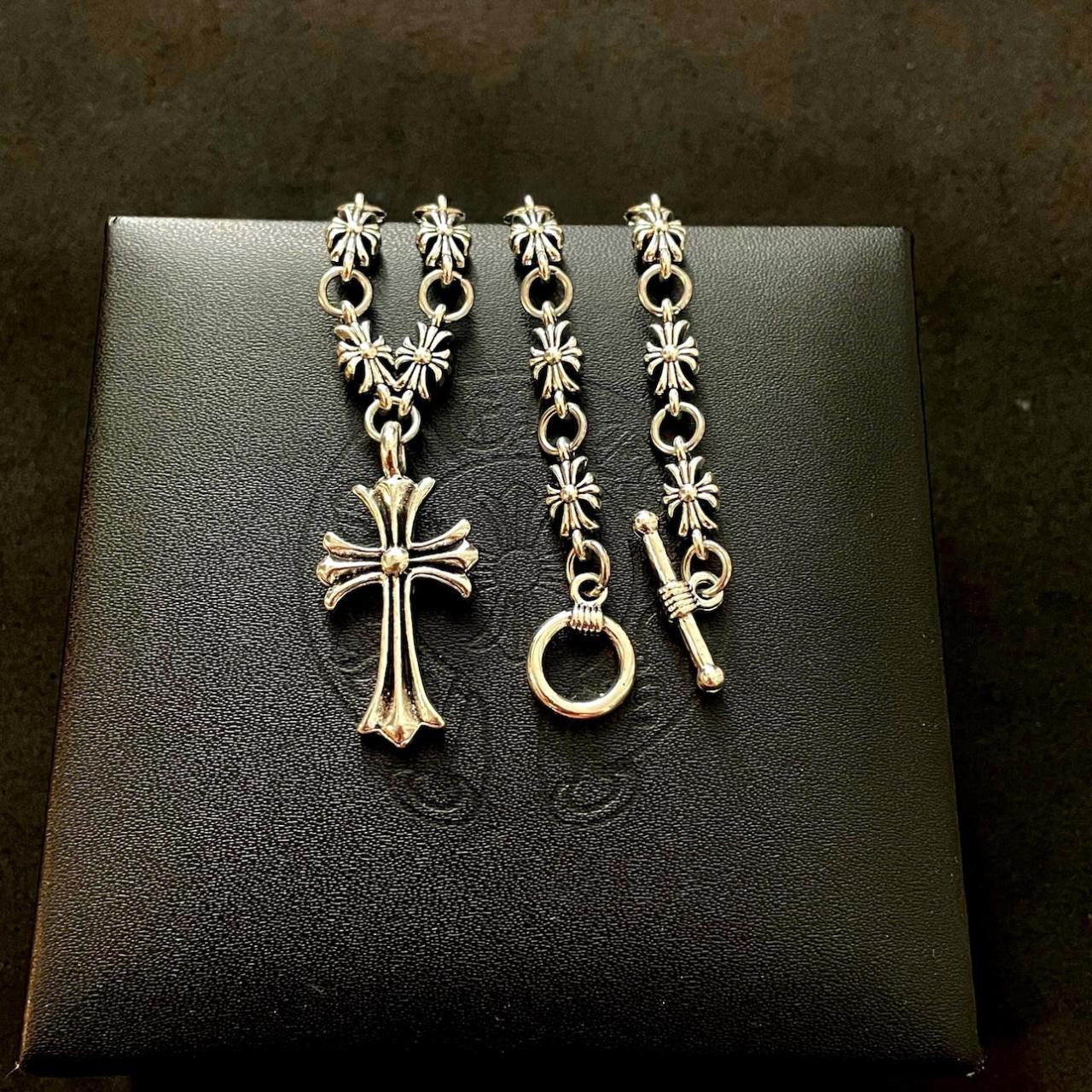 CH gothic style Y2K punk cross necklace chrome... - Depop