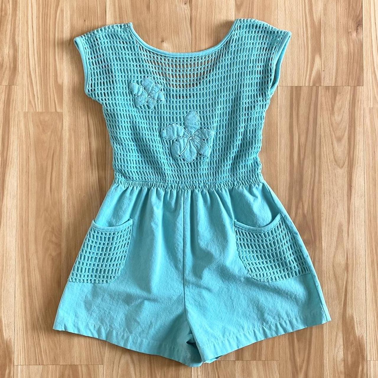 Vintage teal/turquoise romper. Appliqué flowers on... | Depop