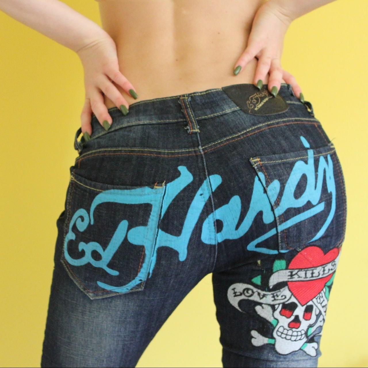 Ed Hardy jeans embroidered with writing on the bum... - Depop