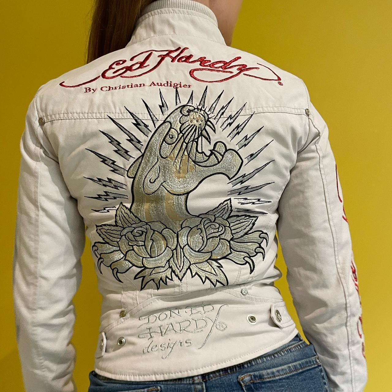 Ed Hardy white zip up embroidered vintage jacket... - Depop