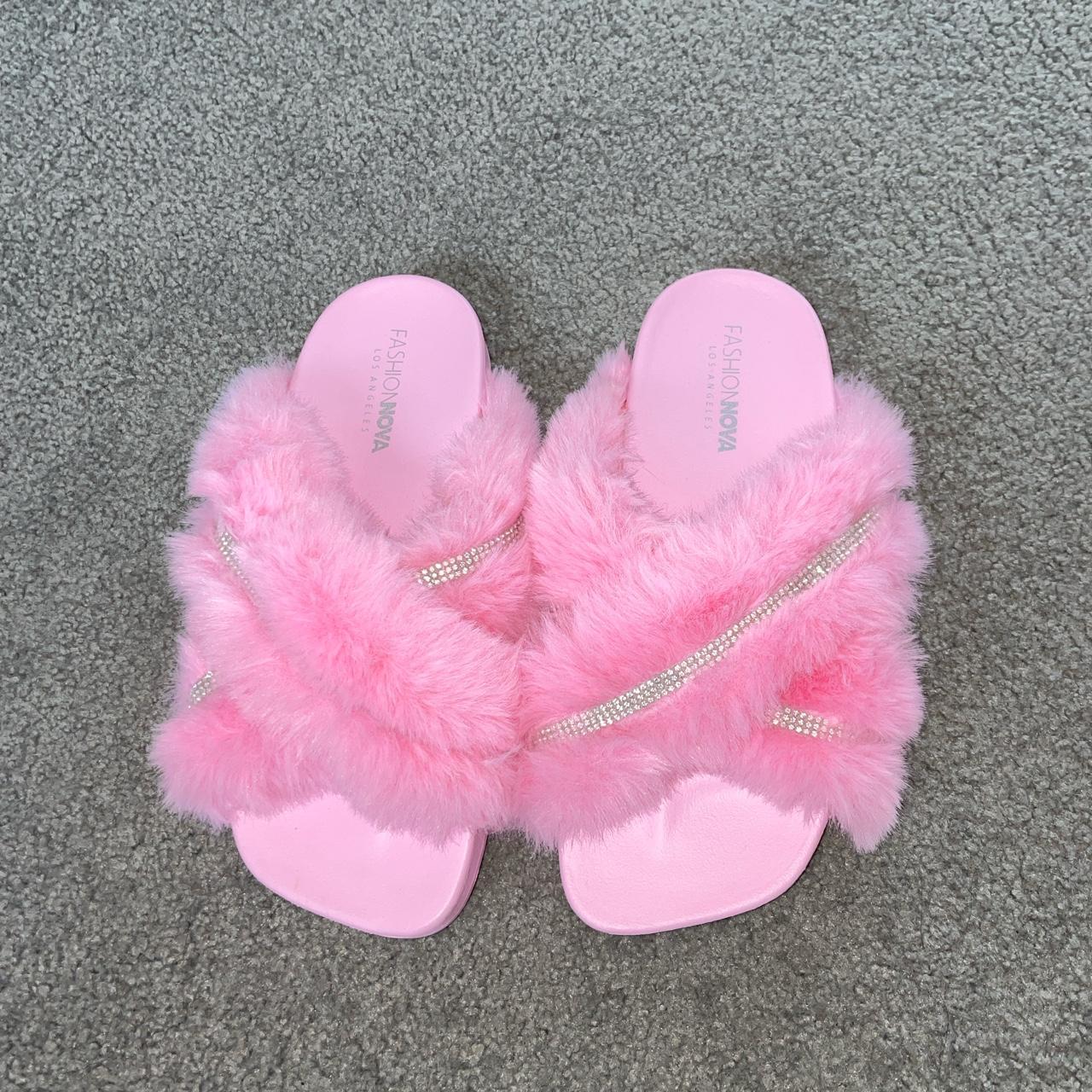 Pink fluffy y2k diamanté slides Size 40 eu, 9 AU... - Depop