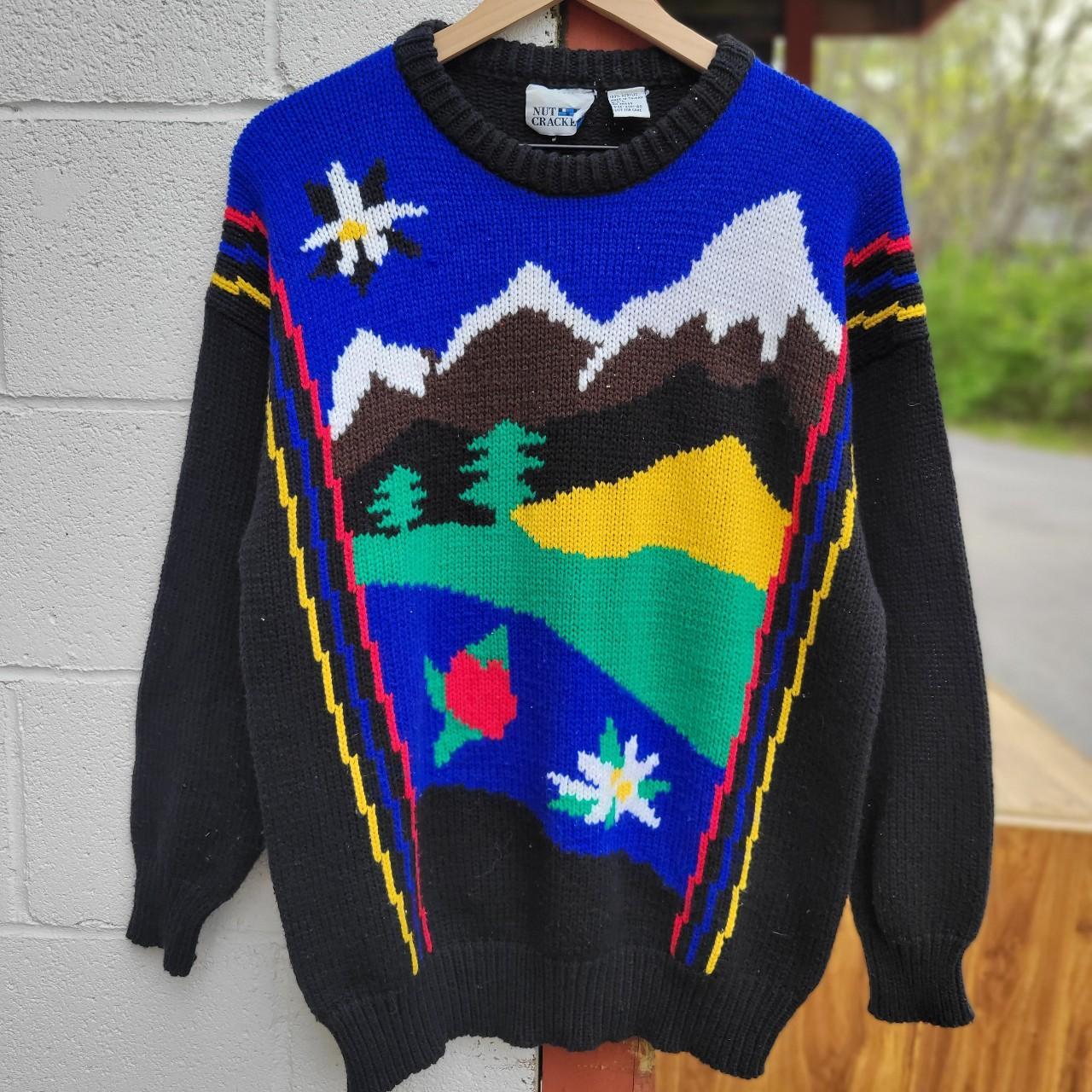 Vintage 90s Knit all over print sweater. Big art... - Depop