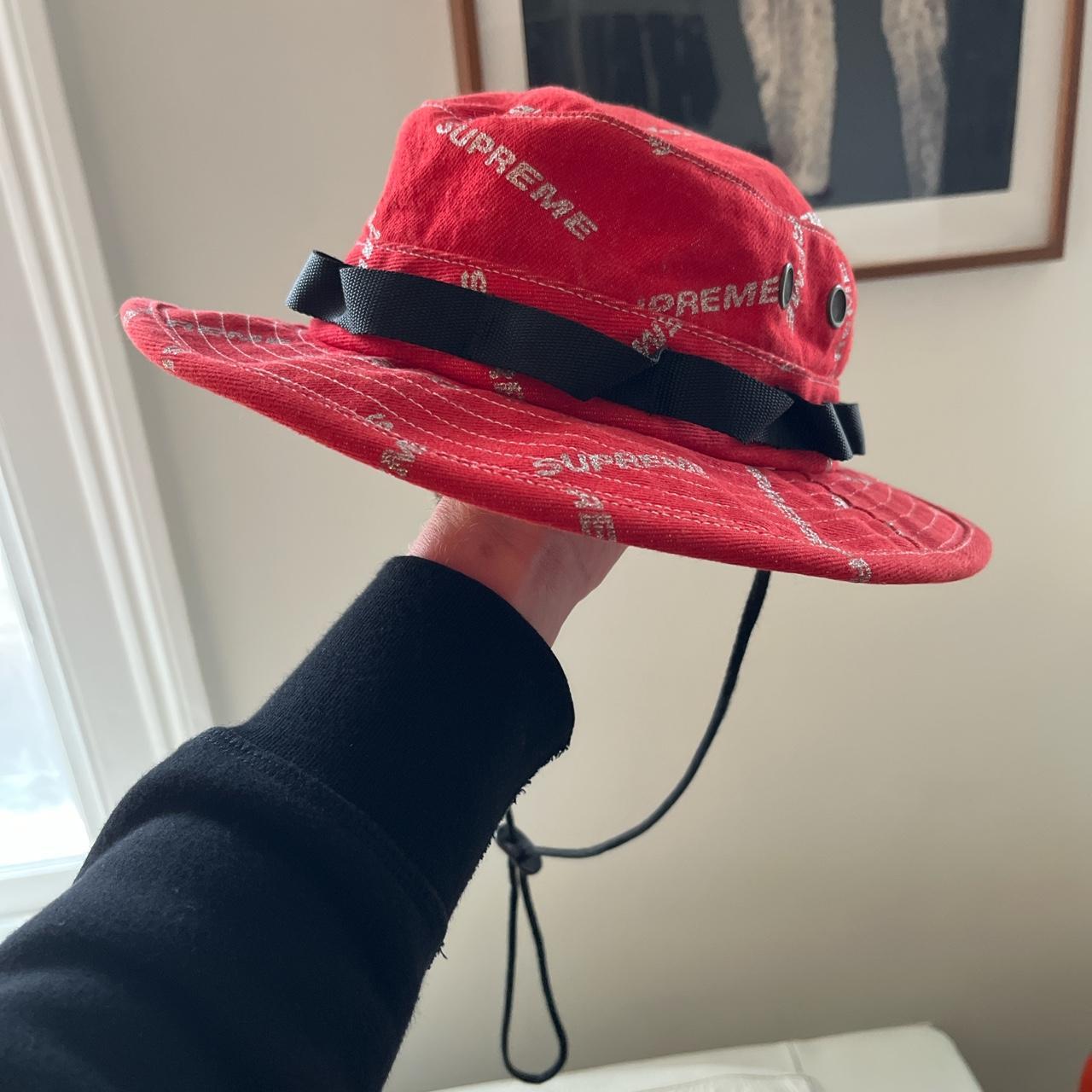 Supreme safari style sun-hat. Red cotton with silver... - Depop