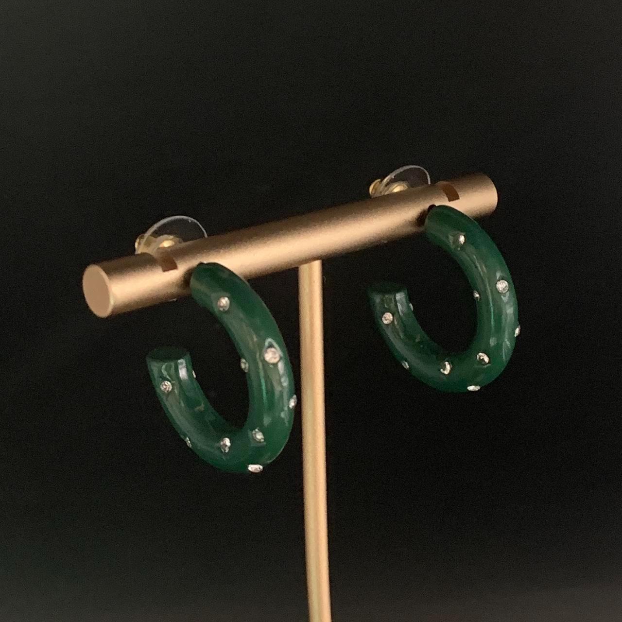 hoops Earrings Green enamel with embedded hand cut... - Depop