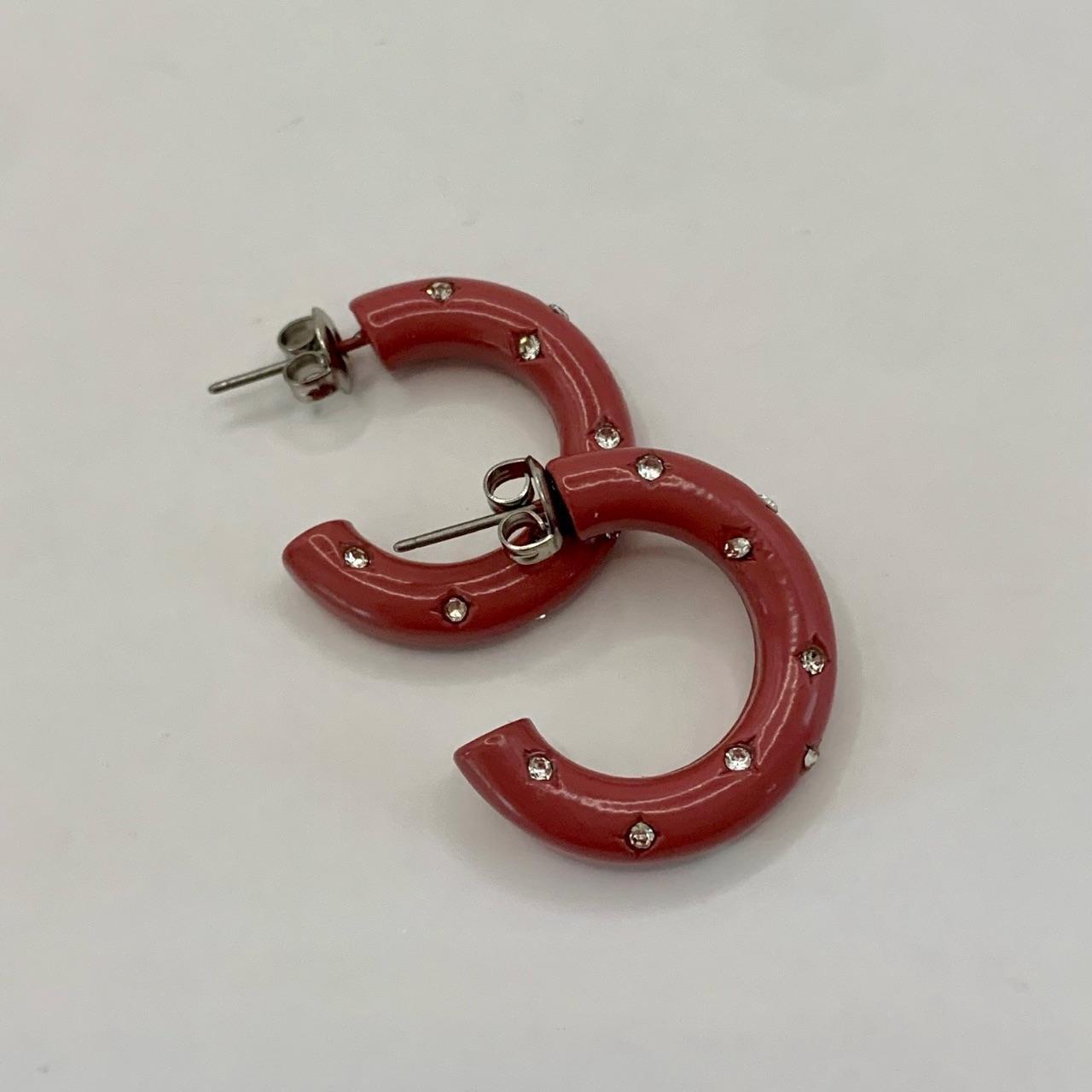 hoops Earrings Green enamel with embedded hand cut... - Depop