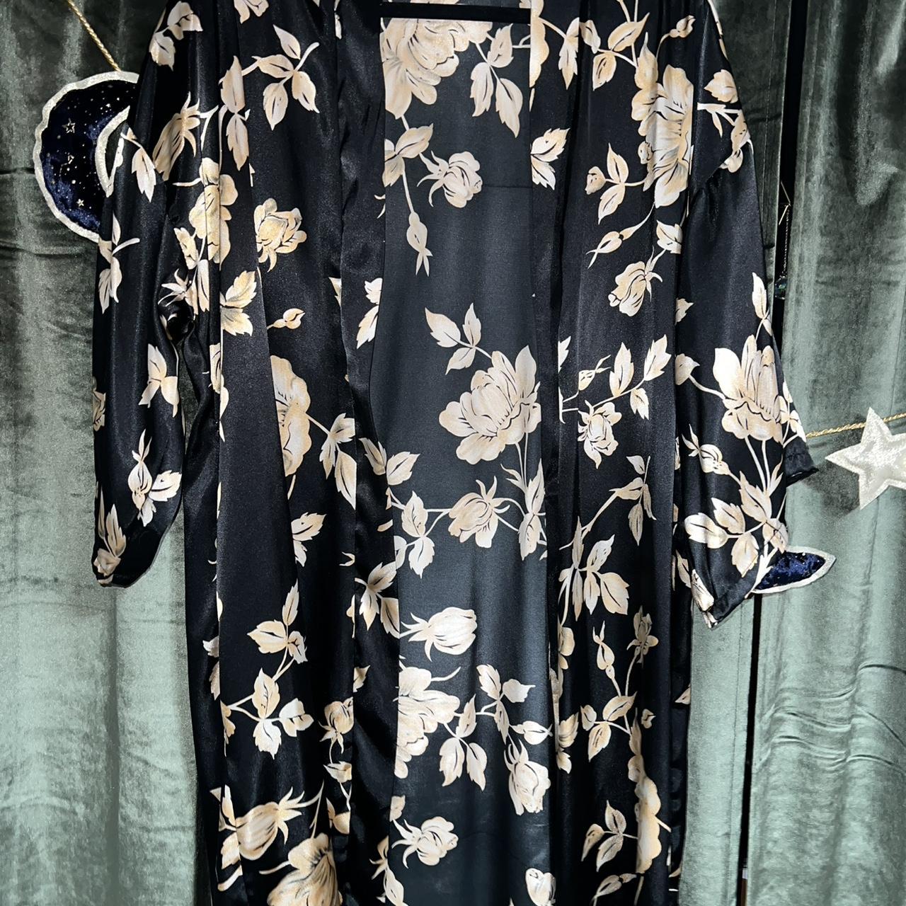 Silky material black and gold floral Kimono... | Depop