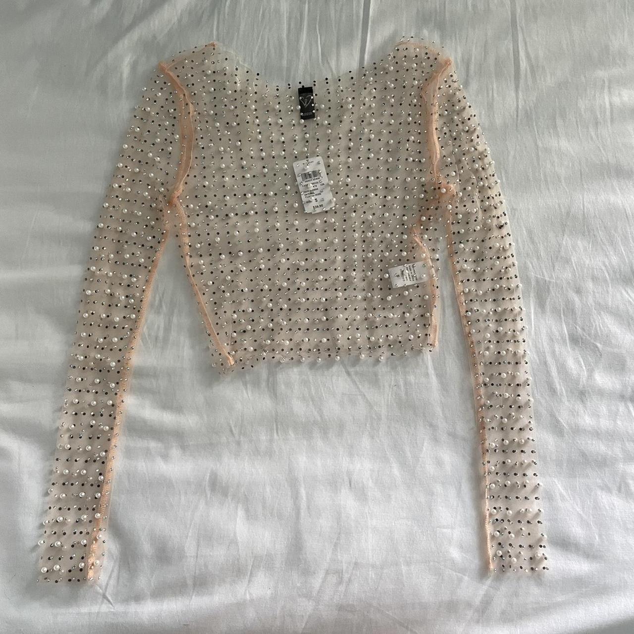 Sheer mesh top with pearl and rhinestone sparkle... | Depop