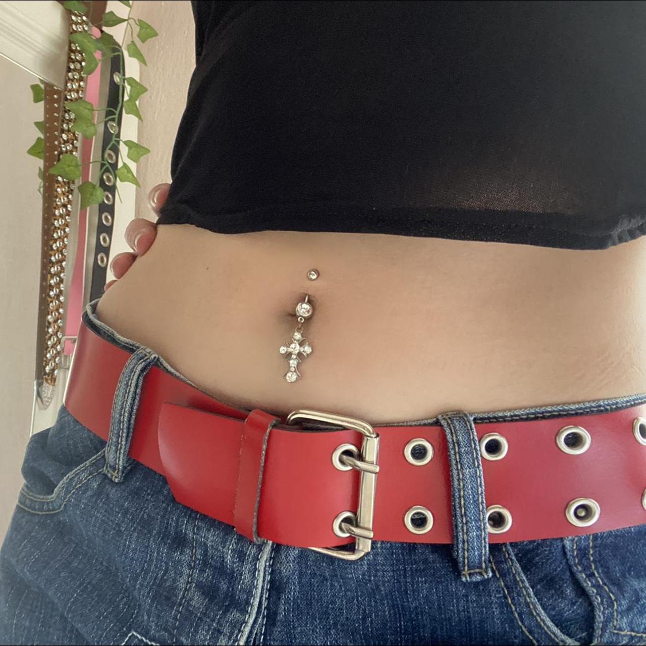Red real leather silver hoops belt - Depop