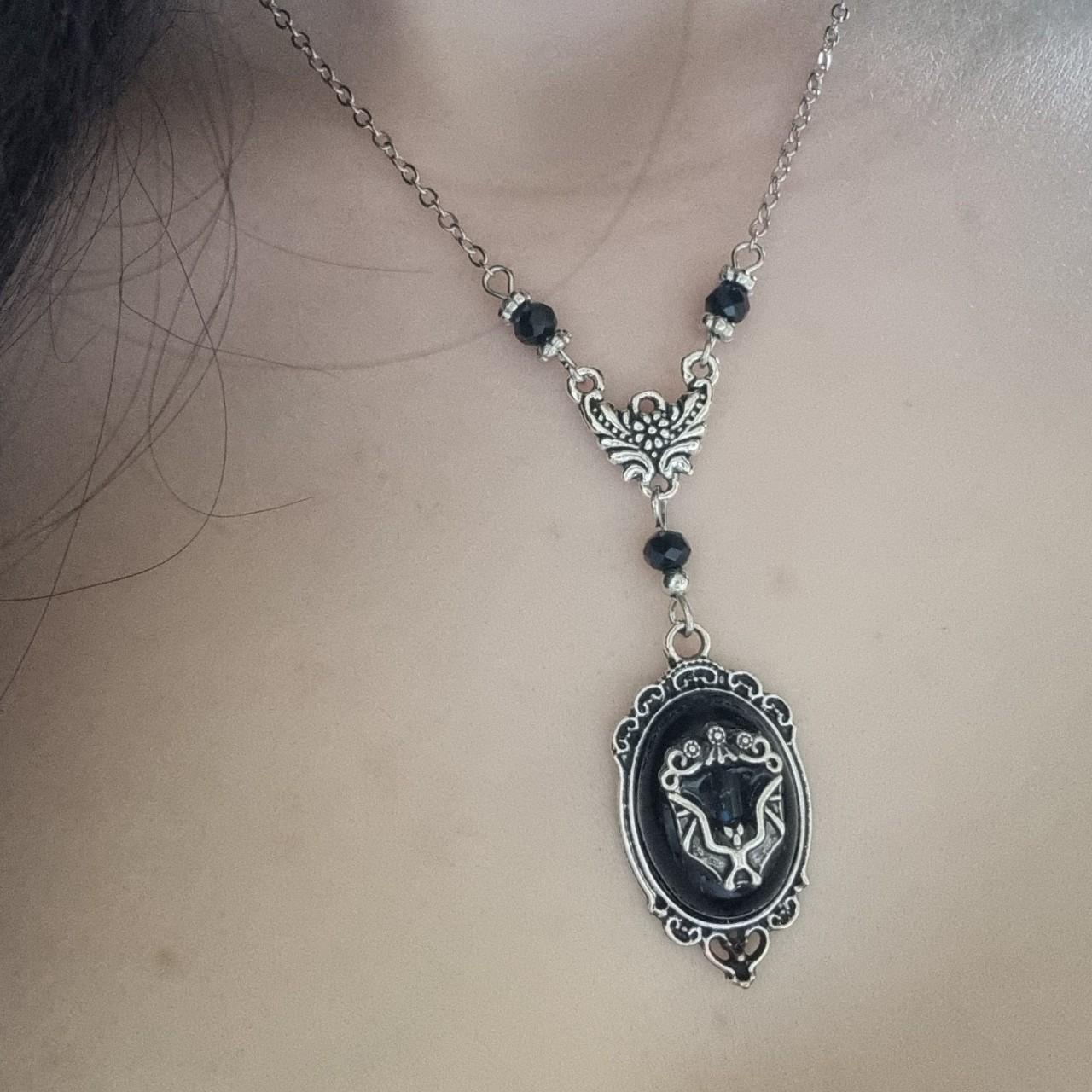 gothic frame bat beads necklace bat beaded silver... - Depop