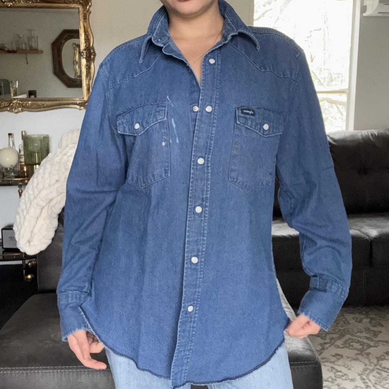 90s blue denim button down shirt with pearl button... - Depop