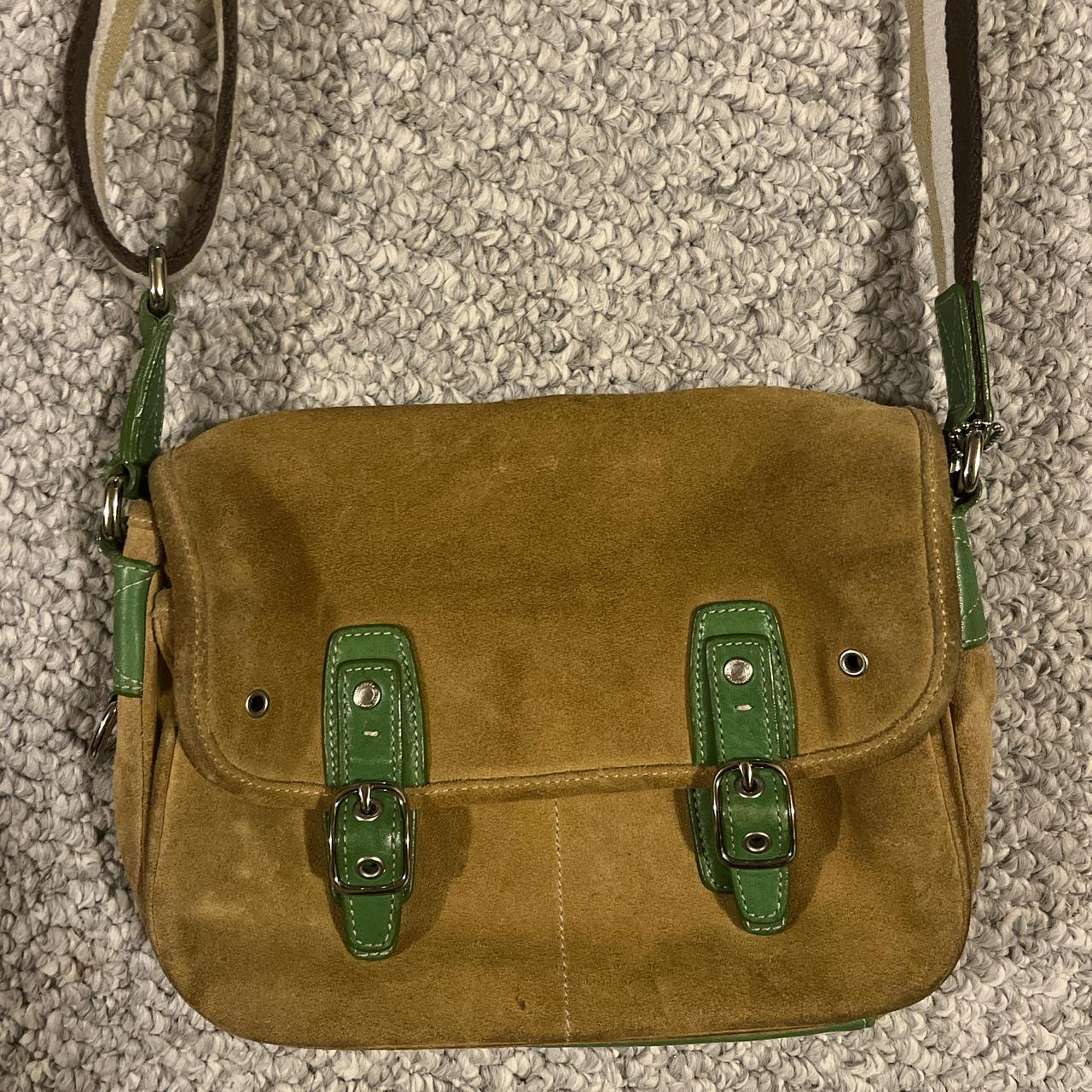 Coach bag No. J33-9274 suede tan and green leather... | Depop