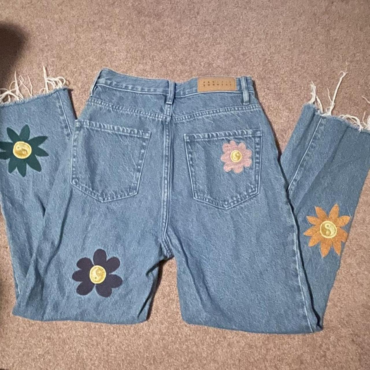 Pacsun Straight leg jeans Flower patches on medium... - Depop