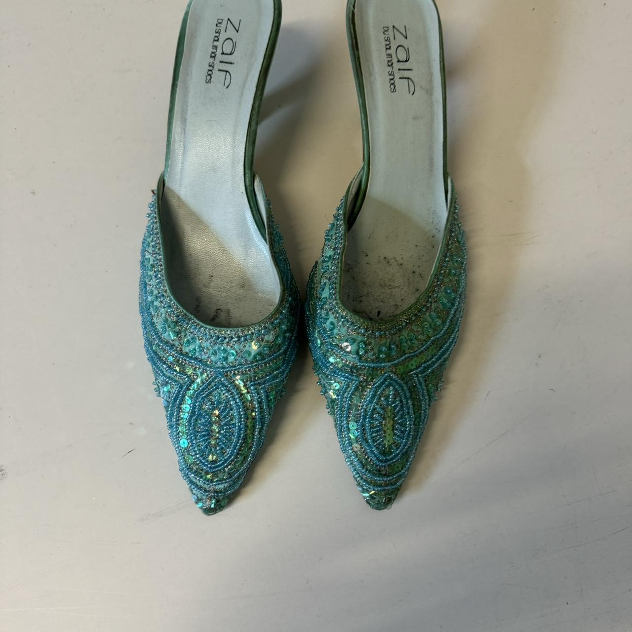 Vintage 2000s y2k blue beaded kitten heels size... - Depop