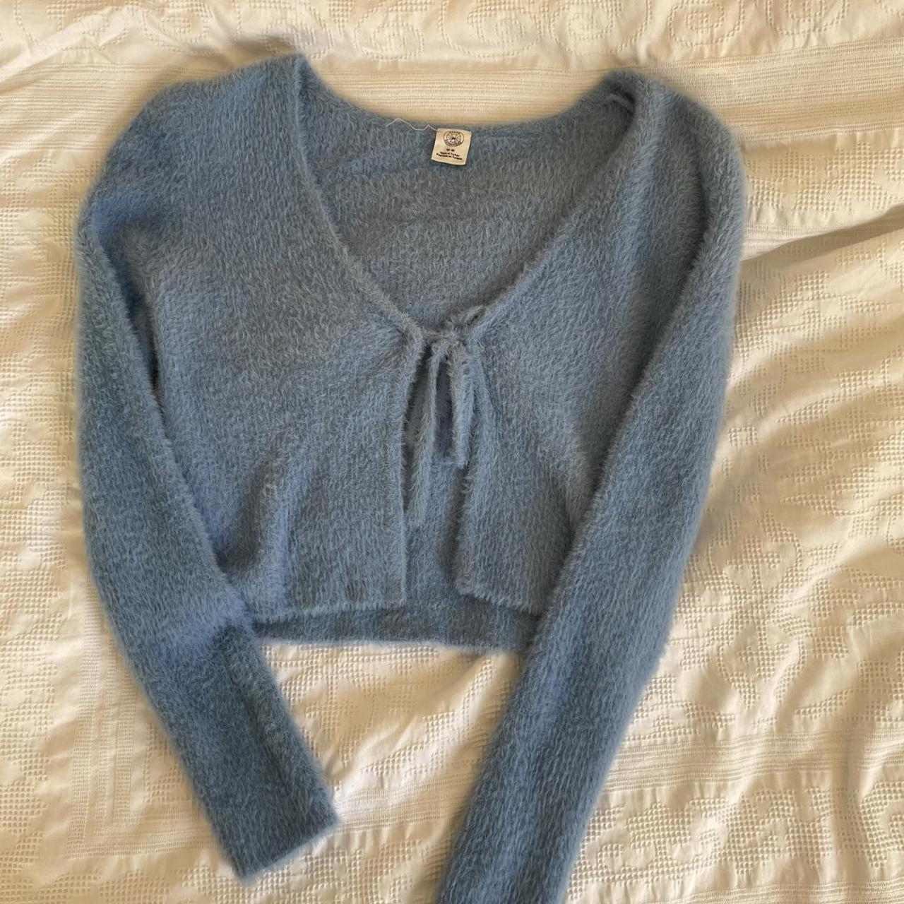 Urban outfitters fuzzy tie cardigan in blue... - Depop
