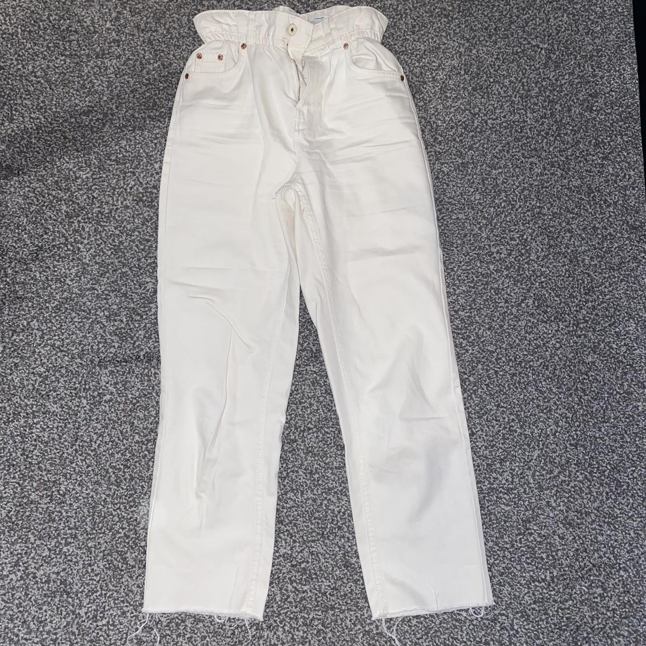 Bershka white straight jeans with paper bag waist -... - Depop