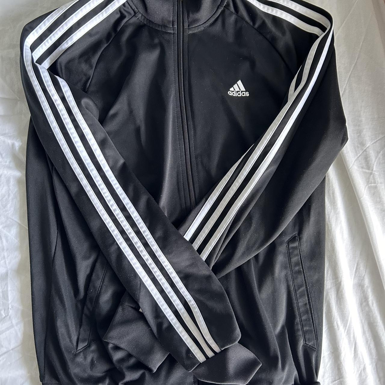 black and white stripe adidas classic zip up $80... - Depop