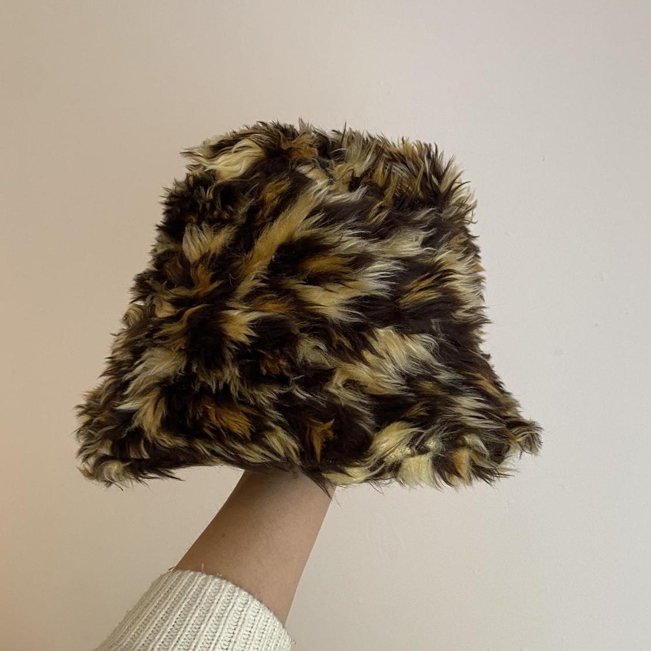 Fluffy leopard print bucket hat. Small head... - Depop