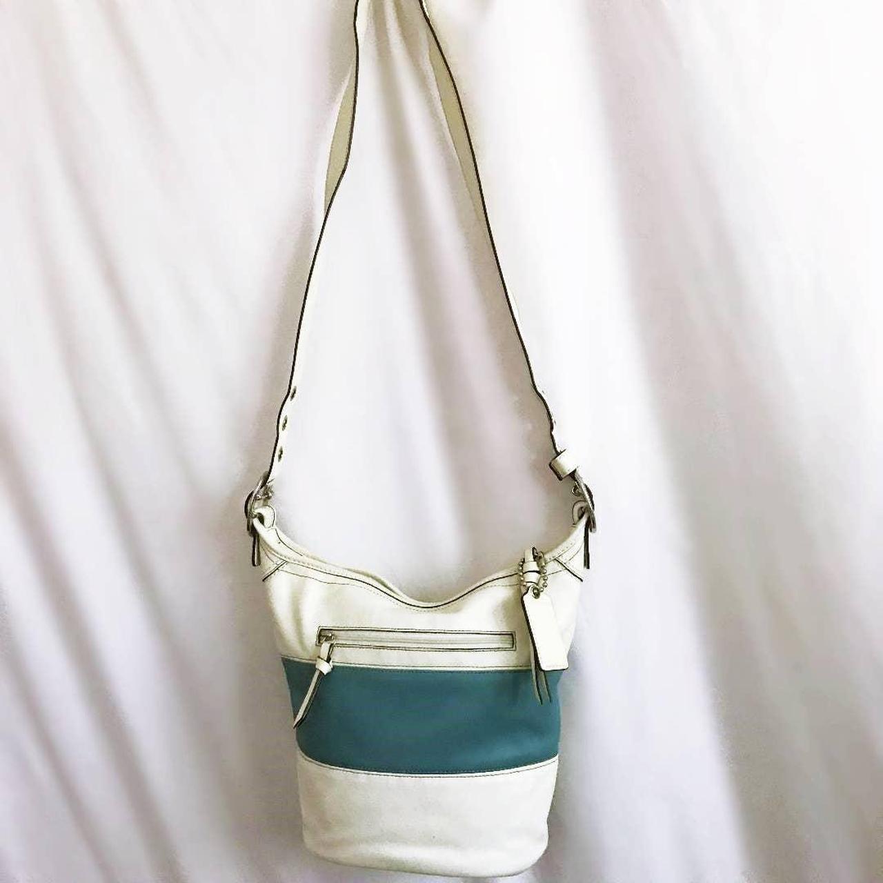 Coach Blue White Color Block Leather Field Bucket w... - Depop