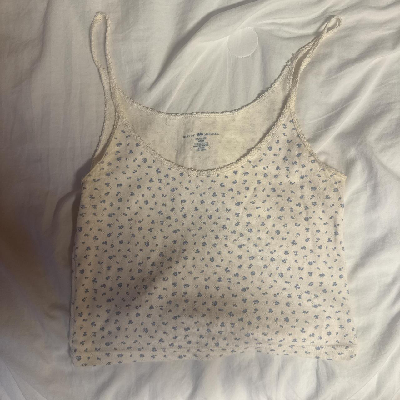 Brandy Melville white and blue floral tank... | Depop