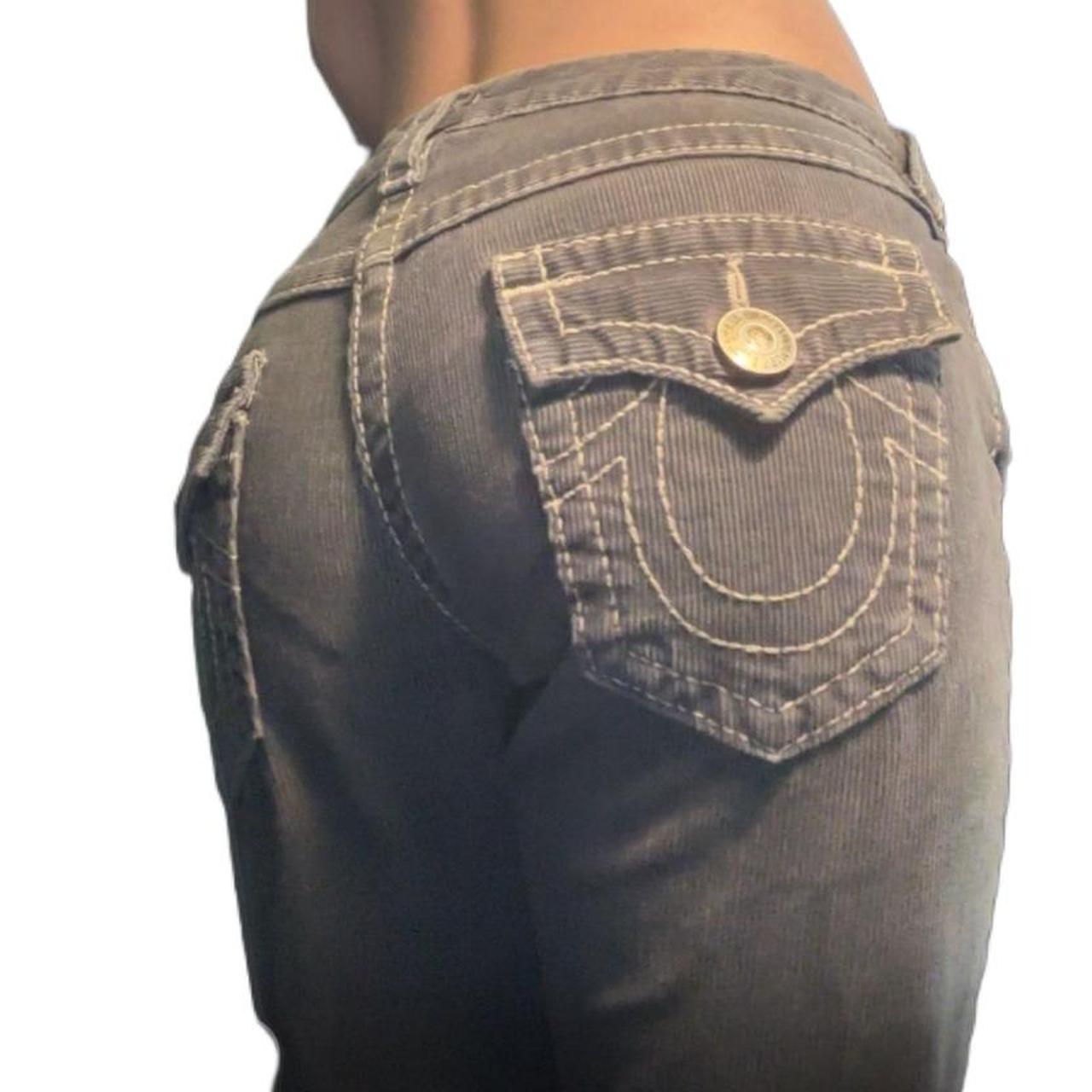 True Religion Grey corduroy flare jeans with white... | Depop