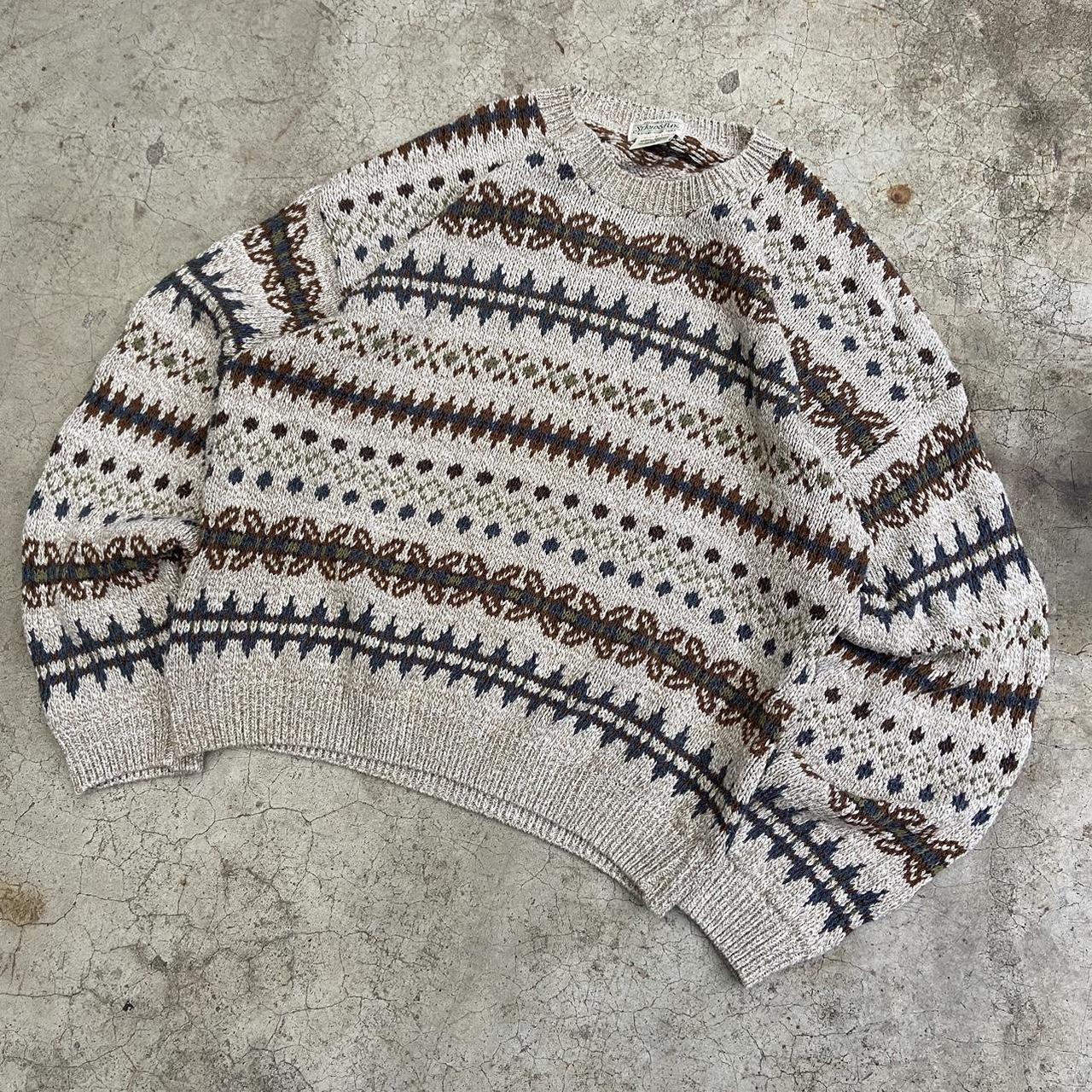 vintage earth tone aop knit sweater men’s sweet... - Depop