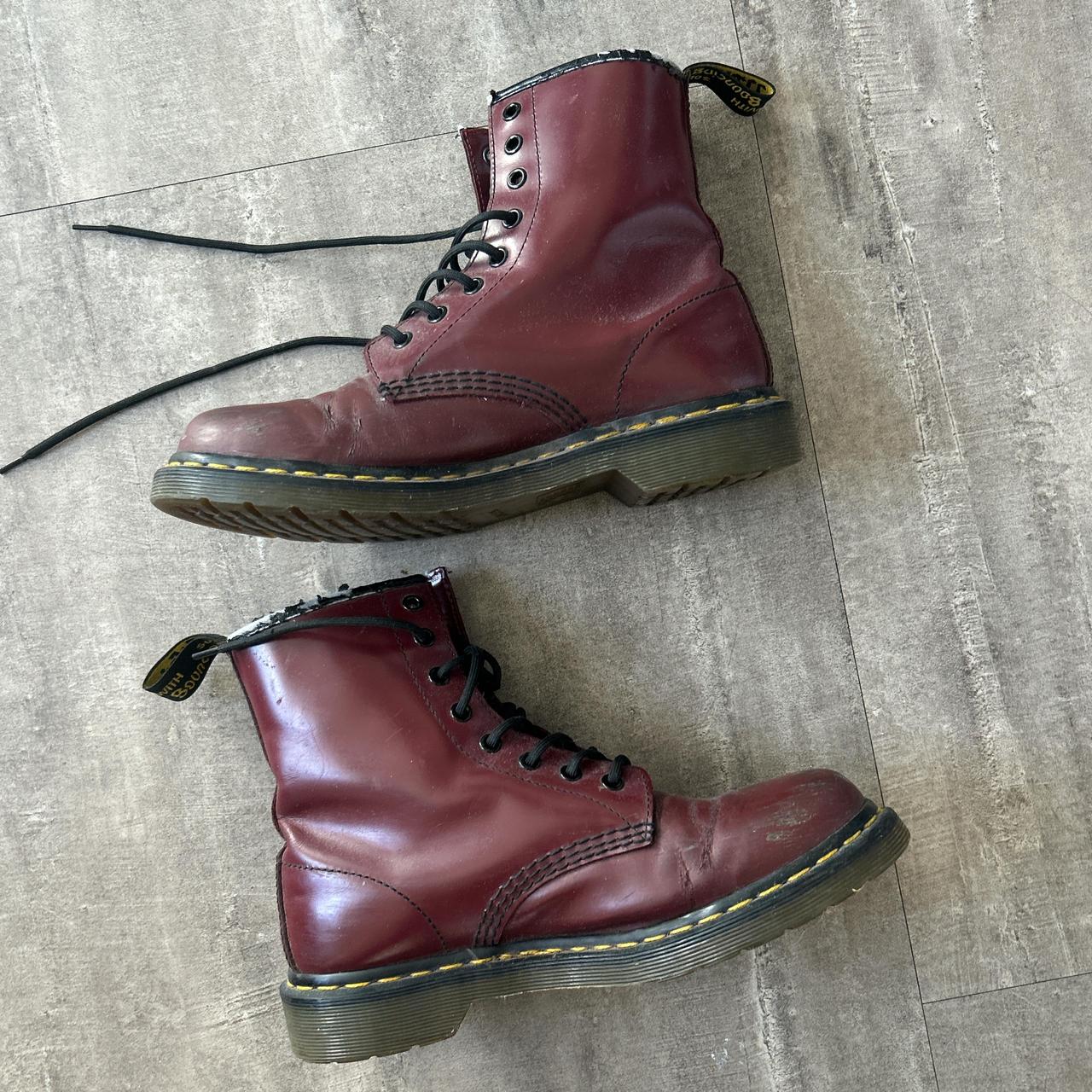 vintage deep cherry red doc marten boots, in worn... | Depop