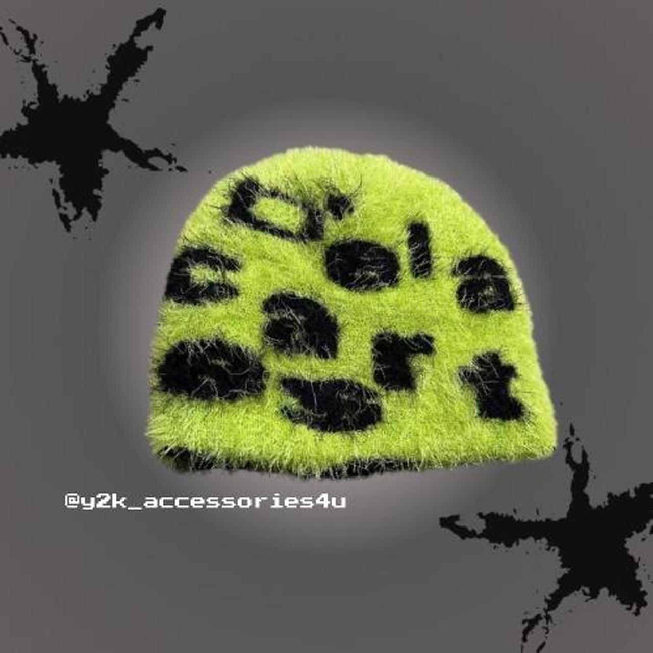 Green and black fuzzy beanie with y2k print 💚... | Depop
