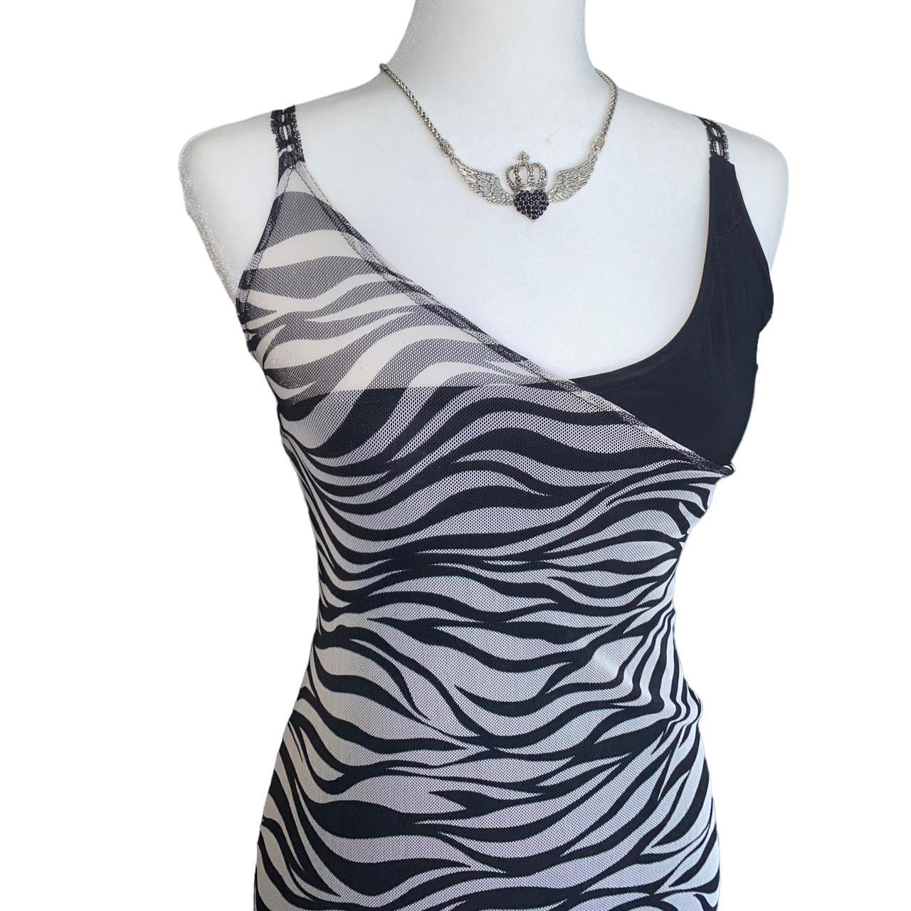 y2k zebra print dress mesh overlay double layered... - Depop