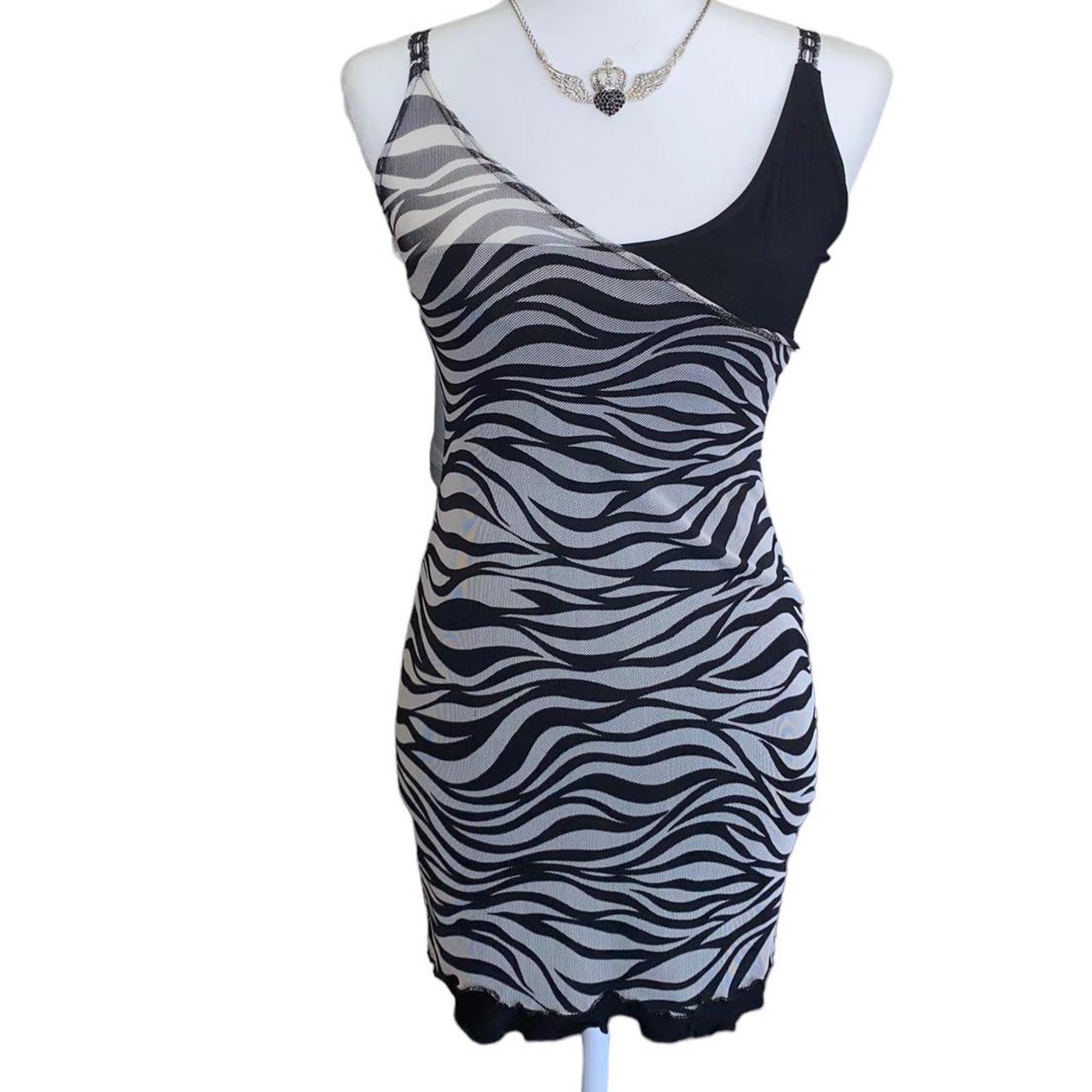 y2k zebra print dress mesh overlay double layered... - Depop