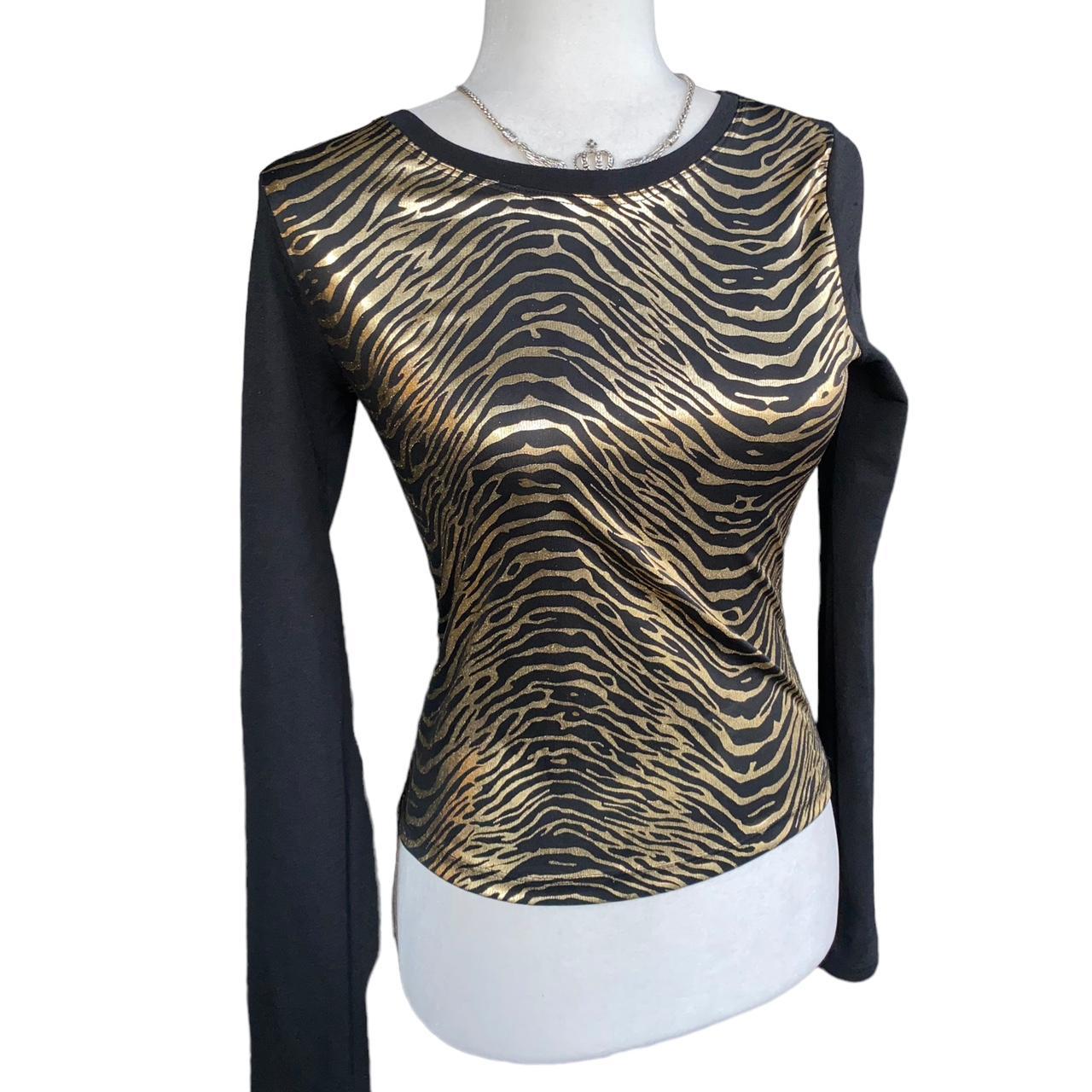 90s rave top black mesh and gold zebra print... - Depop