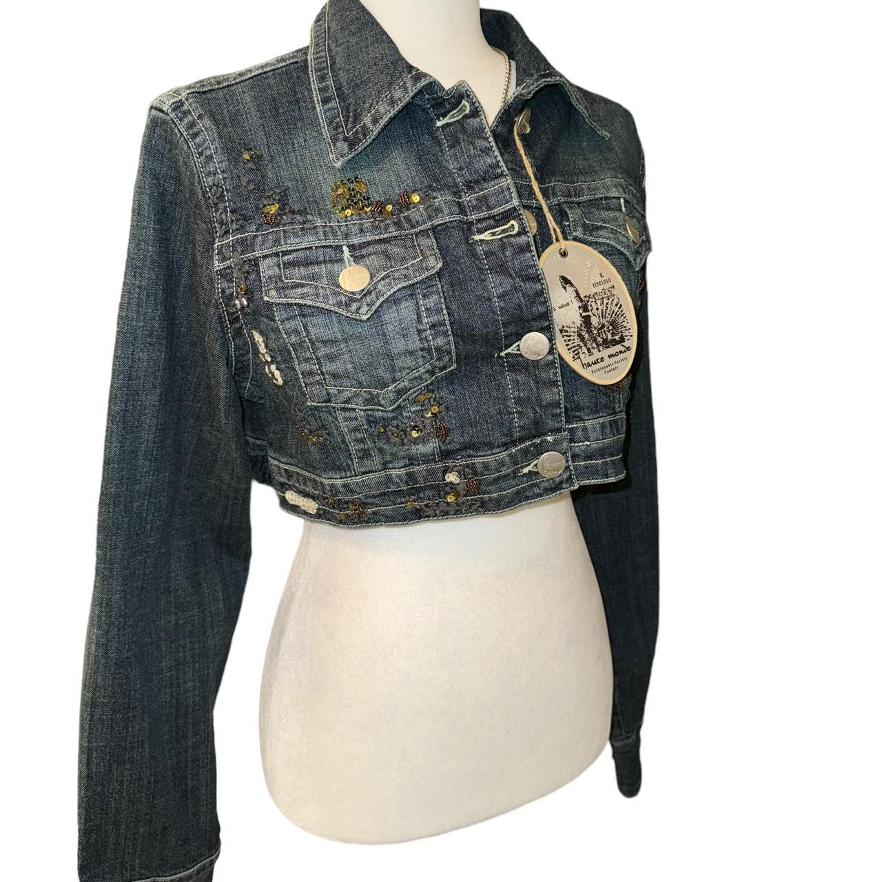 y2k denim jacket cropped & fitted embellished and... - Depop