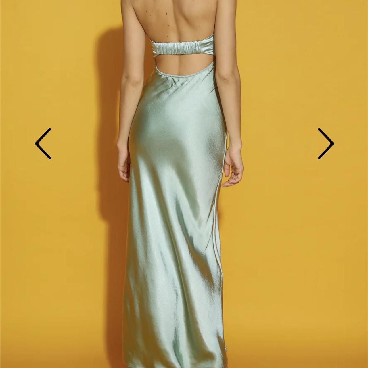 sage green strapless satin formal dress xs never worn - Depop