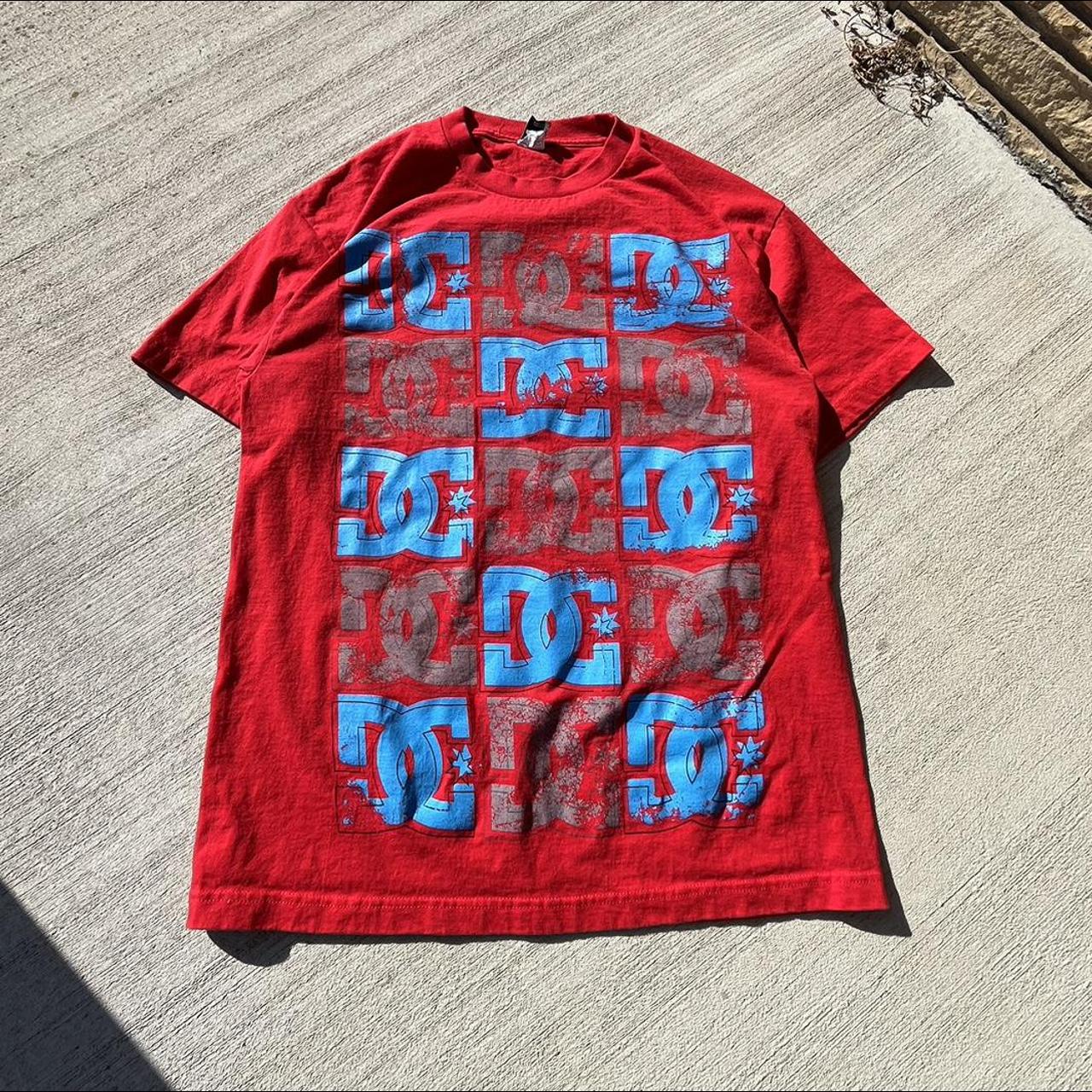 Y2k red DC shoes skateboarding crazy graphic t... - Depop