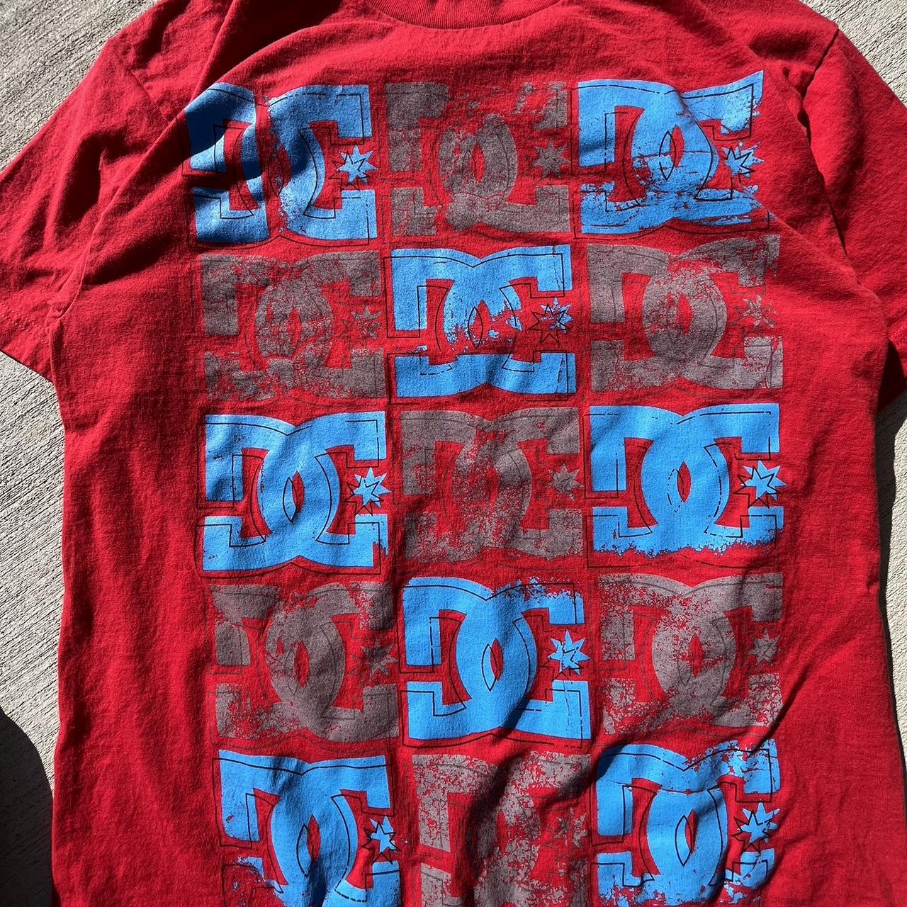 Y2k red DC shoes skateboarding crazy graphic t... - Depop